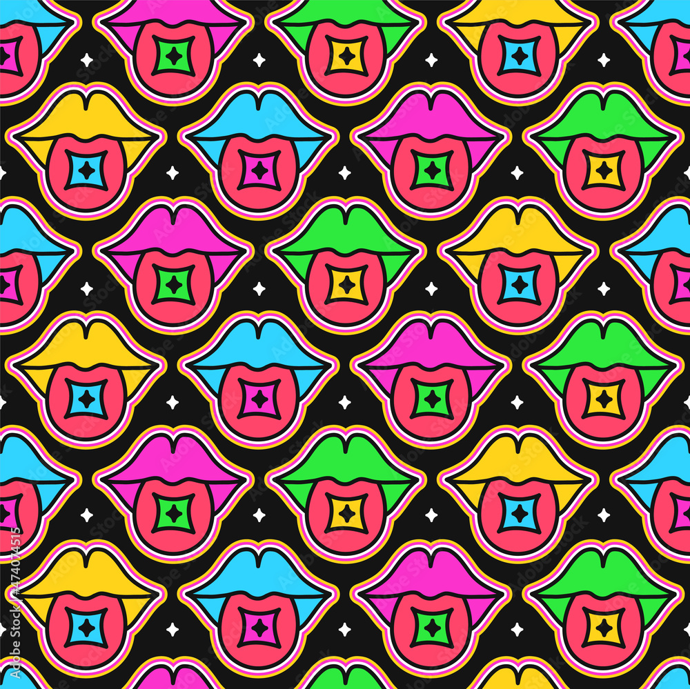 Lips with acid lsd blotter on tongue seamless pattern wallpaper.Vector ...