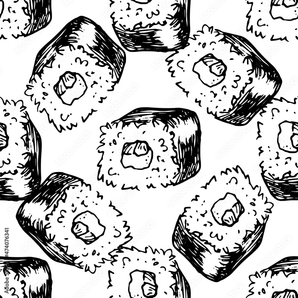 seamless sushi roll pattern. Hand-drawn geometric pattern of sushi roll ...