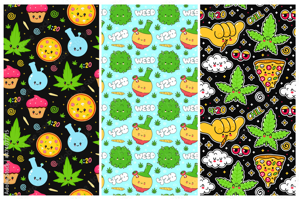 Cute kawaii happy weed,trippy 3 seamless patterns set collection.Vector ...