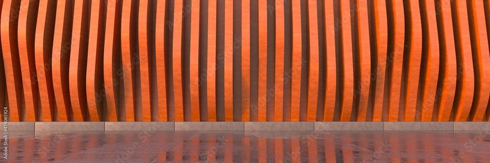 The facade of the building is made of curved wooden strips with a ...