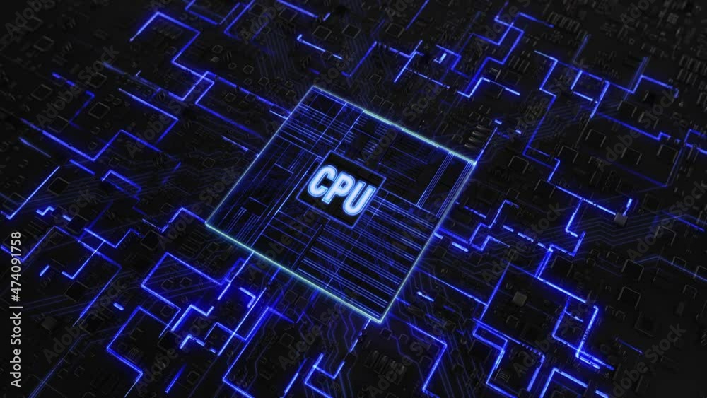 Central Processing Unit. Futuristic Animation Inside Computer Motherboard. Hi Tech GPU CPU Micro ...
