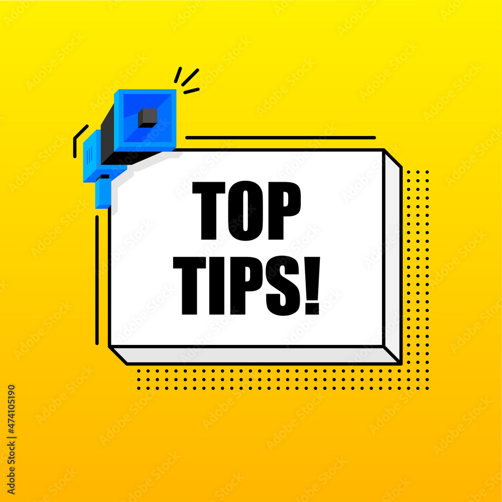 Top tips banner template. Marketing flyer with megaphone. Isometric and ...
