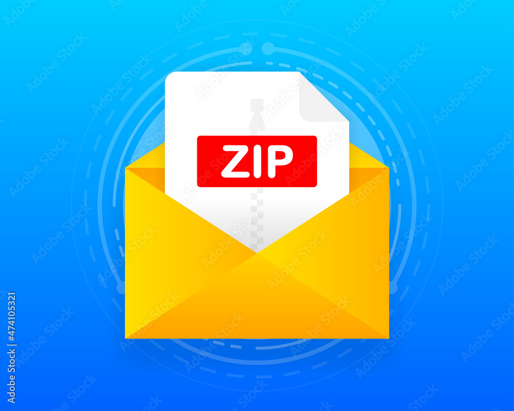 Envelope with ZIP file. Laptop and email with ZIP document attachment ...
