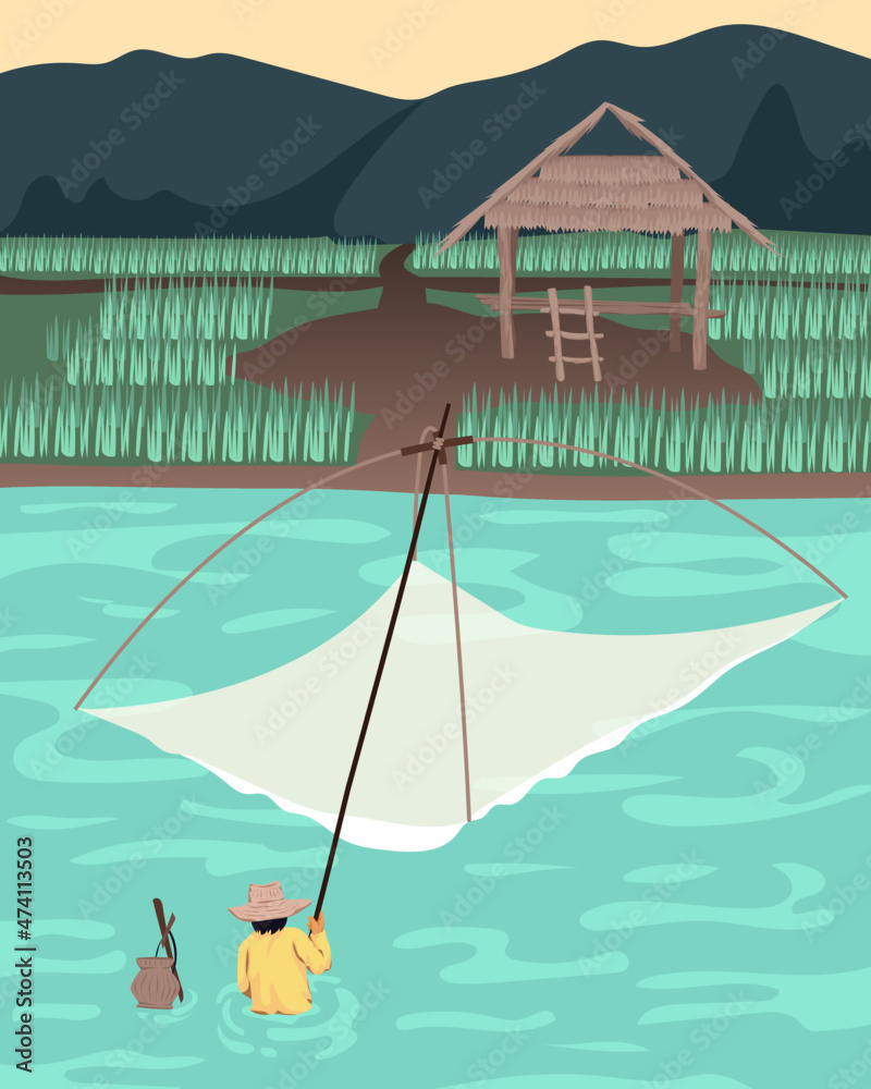 Fisherman using Cheena Vala Asian fishing net Stock Vector | Adobe Stock