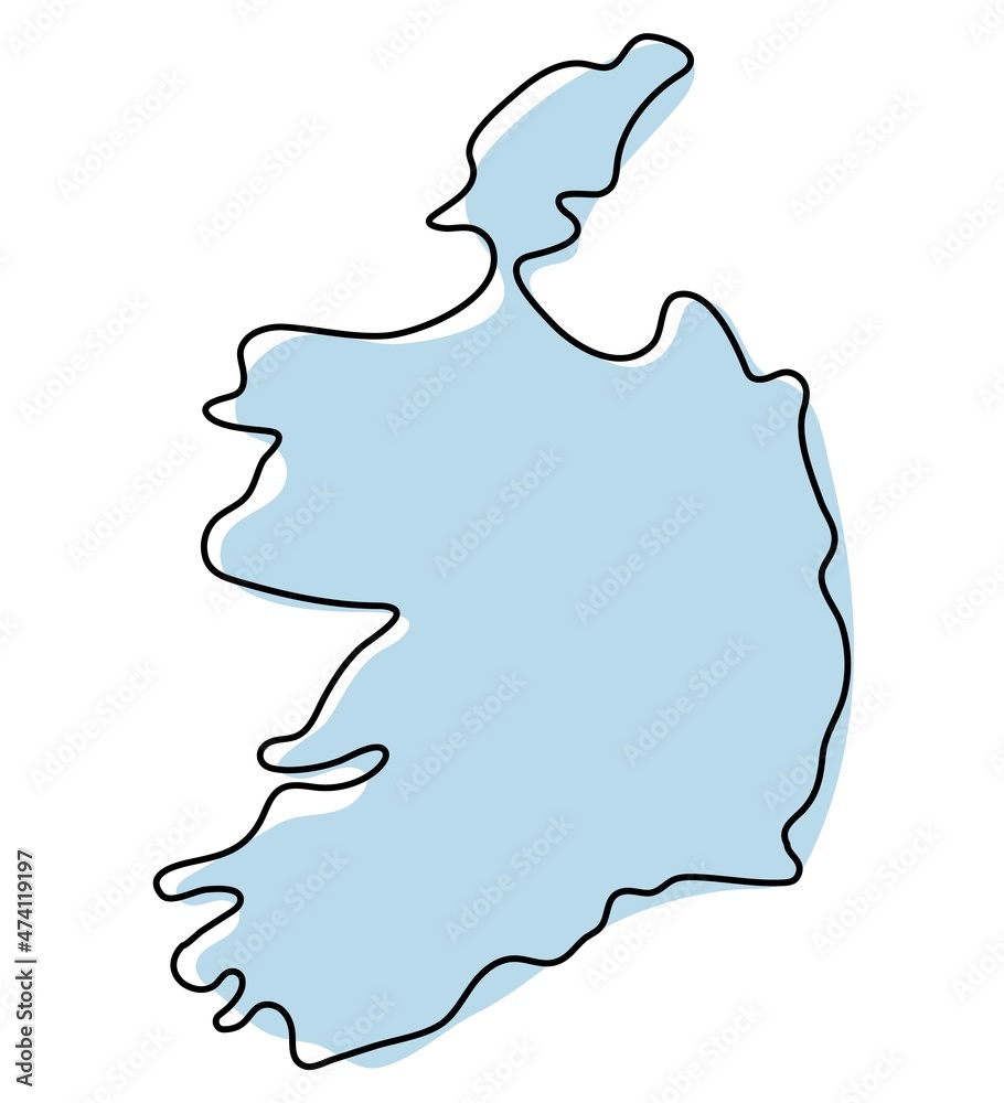 Stylized simple outline map of Ireland icon. Blue sketch map of Ireland ...