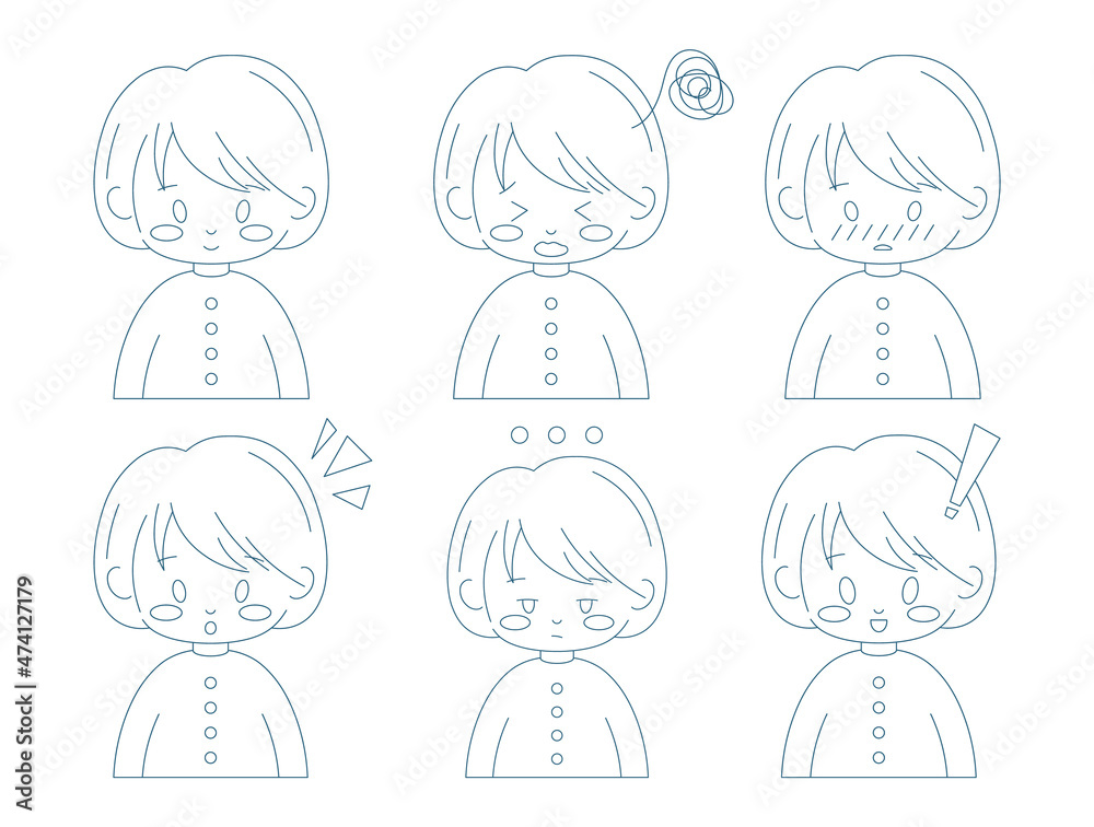 Outline cute girl emotions set. Vector line art female character ...