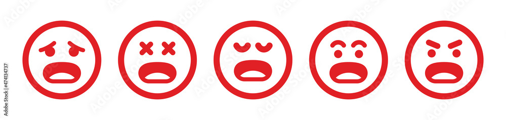 Negative emotion vector icon set. Sad and angry red emoticon. Anger and ...