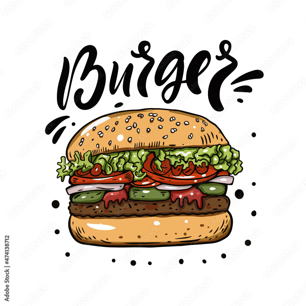 Burger hand drawn colorful vector illustration. Modern cartoon style ...
