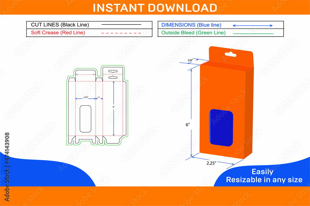 Tuck top snap lock bottom with hanger box dieline template and 3D ...
