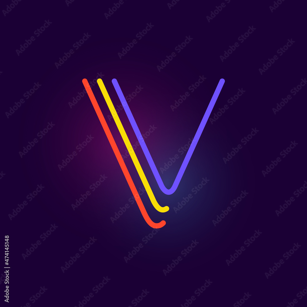 V letter logo is made of three neon lines. Vector font with glowing ...