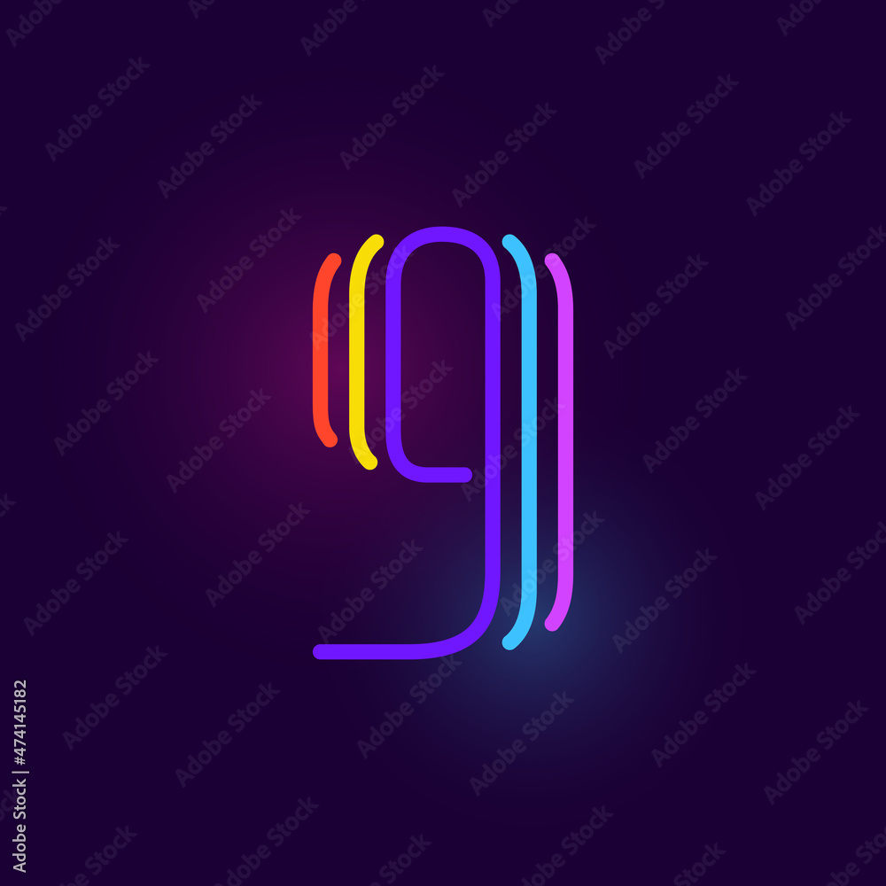 Number nine logo is made of three neon lines. Vector font with glowing ...