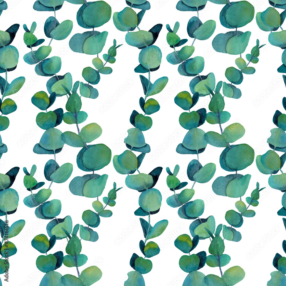 Seamless watercolor pattern of baby blue eucalyptus in continuous ...