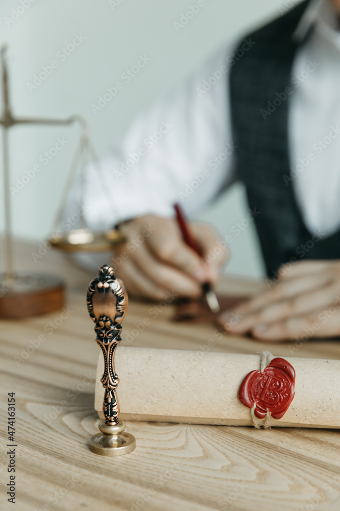 Man notary stamping agreement, company secretary, official document ...