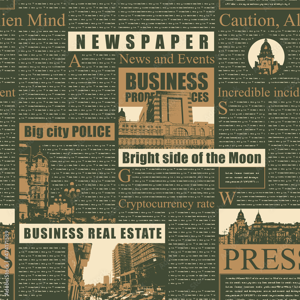 Newspaper seamless pattern with headlines, illustrations and illegible ...