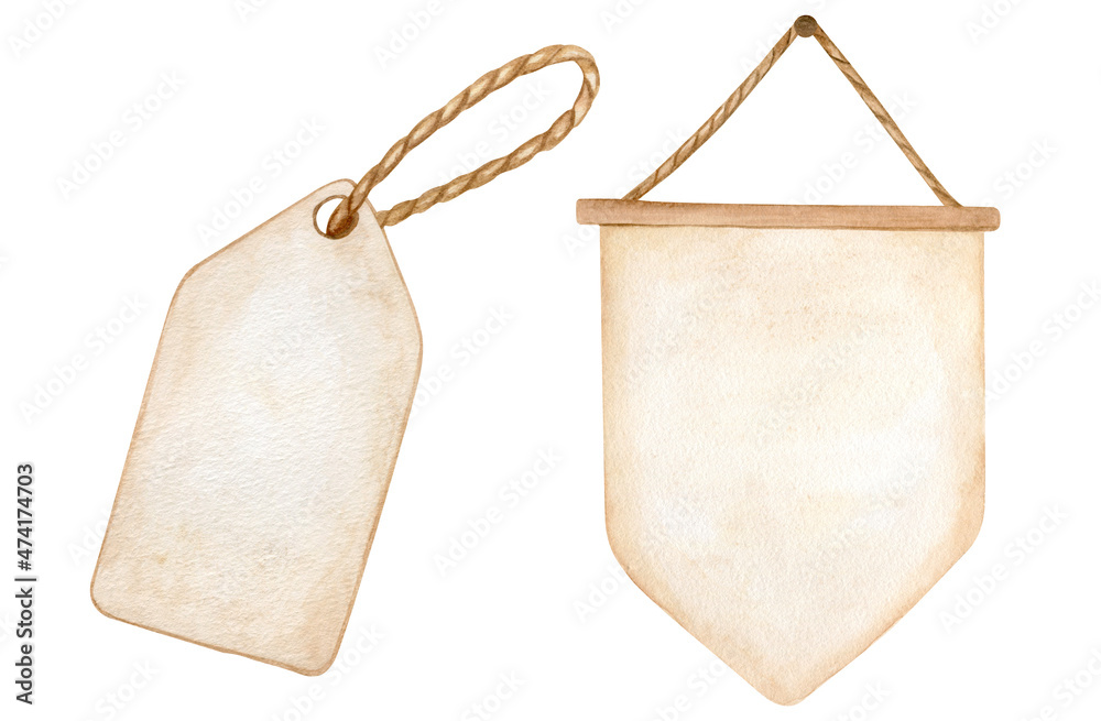 Watercolor old paper banner and tag illustration. Hand painted vintage ...