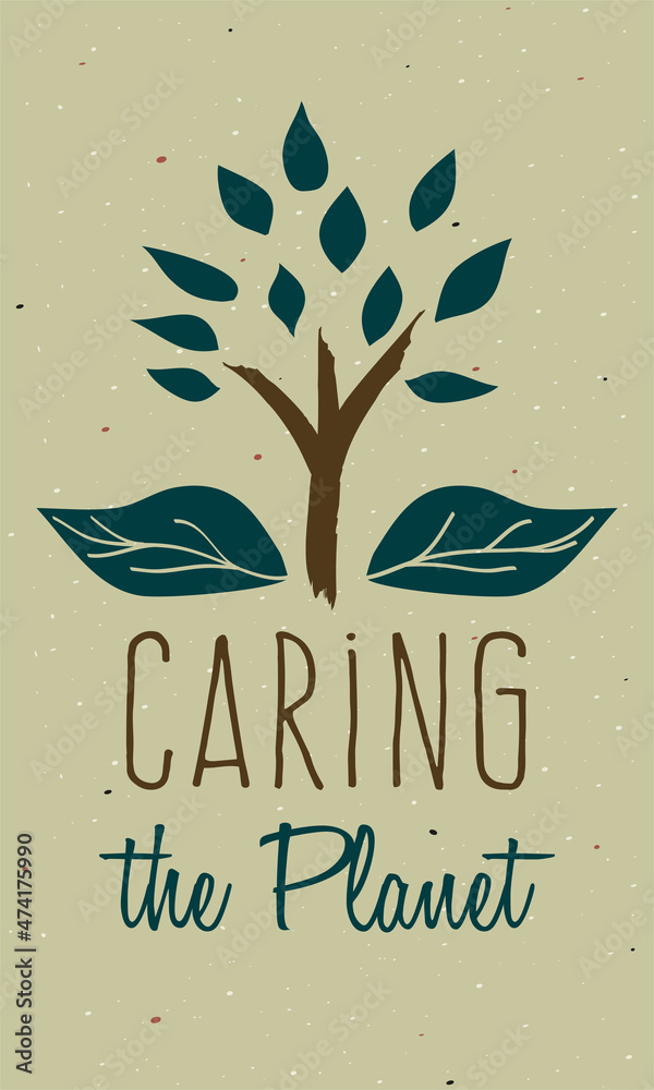 Sustainability illustration with the lettering Caring the Planet with ...