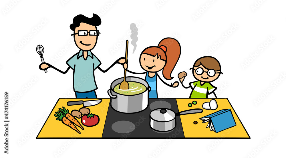 Kinder kochen Essen zusammen mit Vater zuhause Stock Illustration ...