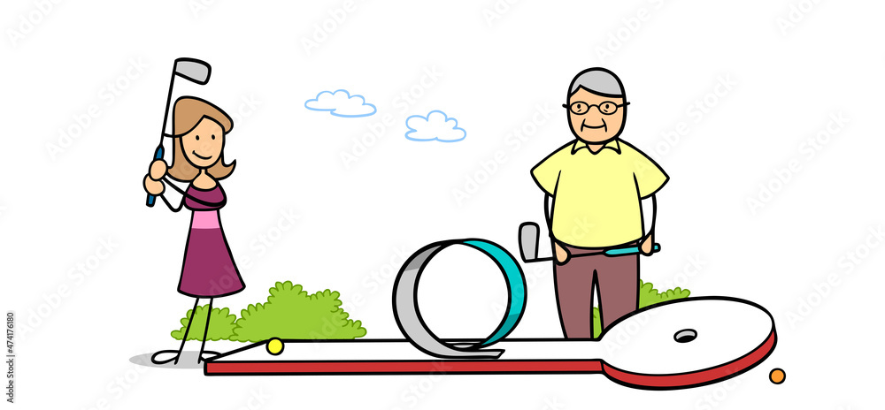 Junge Frau und Großvater spielen zusammen Minigolf Stock Illustration ...