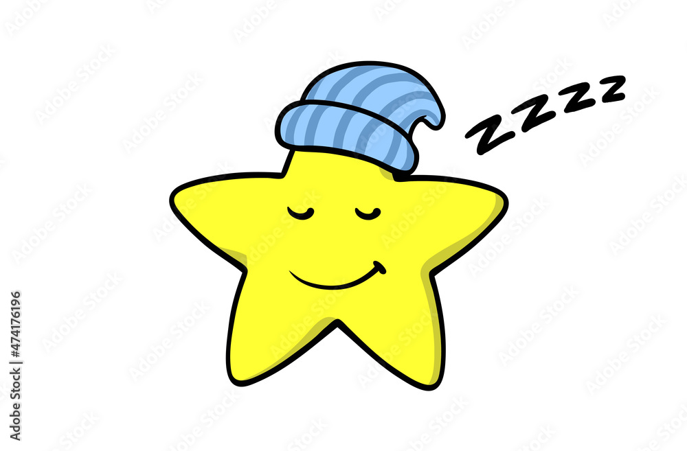 Zufriedener Cartoon Stern beim Schlafen mit Mütze Stock Illustration ...
