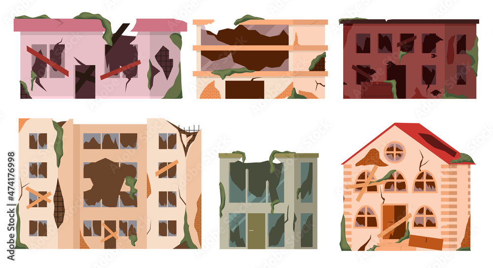 Cartoon city with ruined buildings after earthquake, disaster or war ...