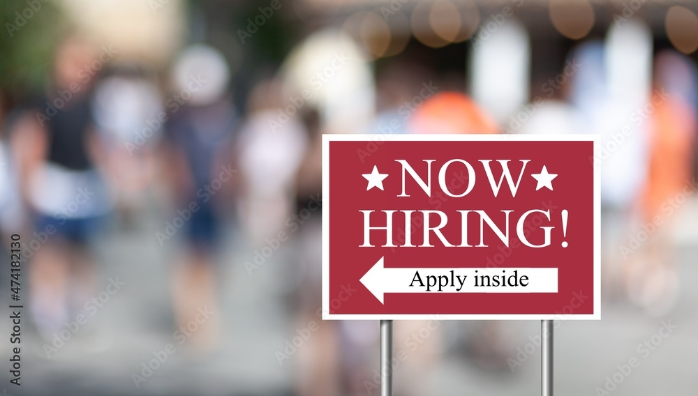 Outdoor lawn sign now hiring apply inside with a direction arrow ...