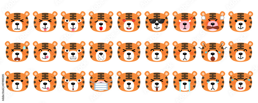Set of cute cartoon tiger emoji set isolated on white background ...
