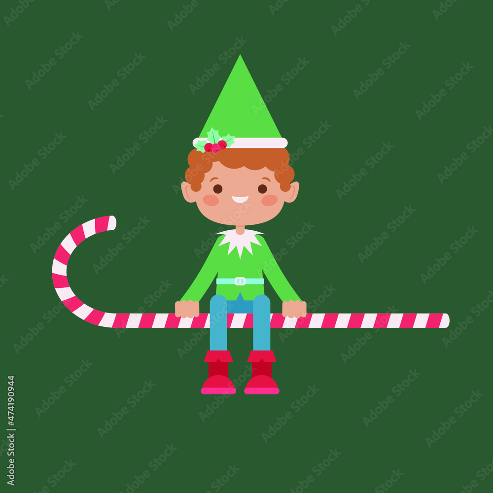 Cute Christmas elf sitting on a candy cane. Vector cartoon illustration ...