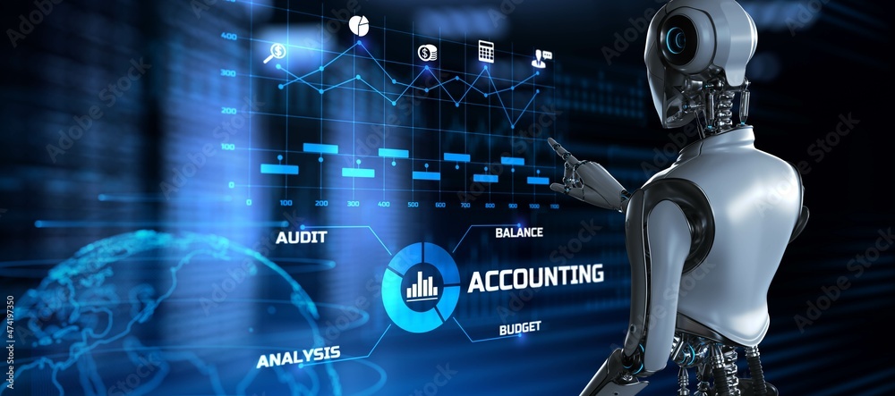 Accounting business process automation RPA concept. Robot pressing ...