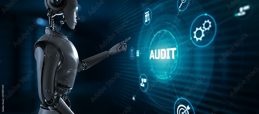 Audit Robotic process automation RPA concept. Robot pressing button on ...