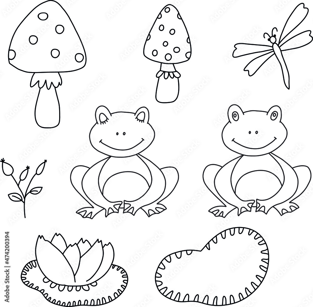 Frogs, toadstools, dragonfly, lily pads, tree branch line drawing ...