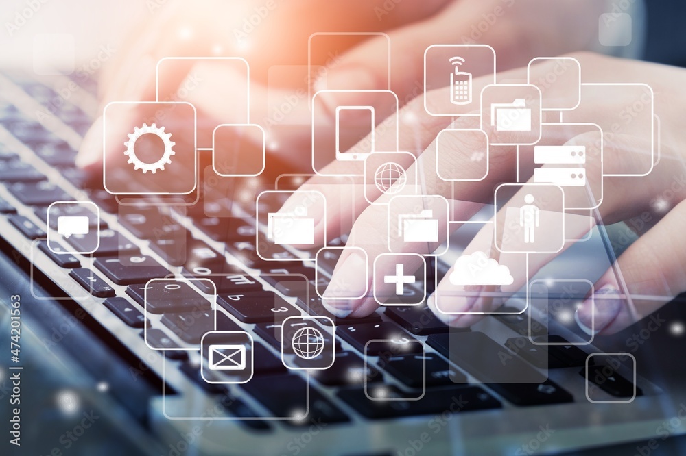 Human using laptop, internet of things conceptual sign, modern tech ...