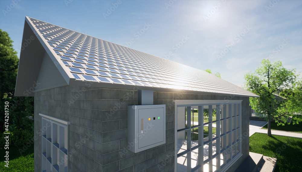 3d rendering of eco house building design and green power energy ...