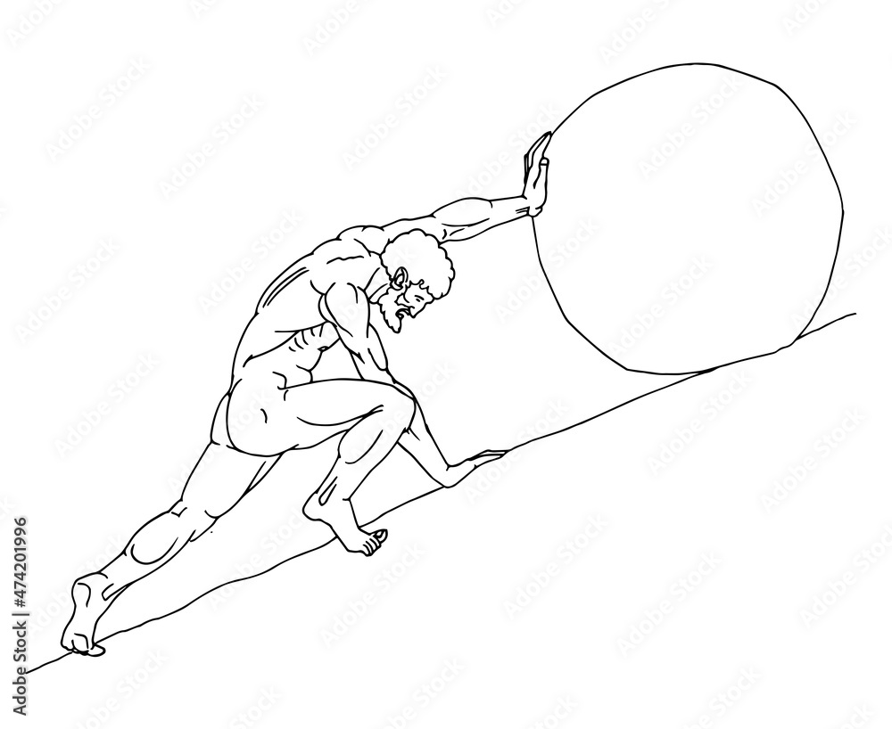 Sisyphus rolls a heavy stone up the mountain. Myths of ancient Greece ...