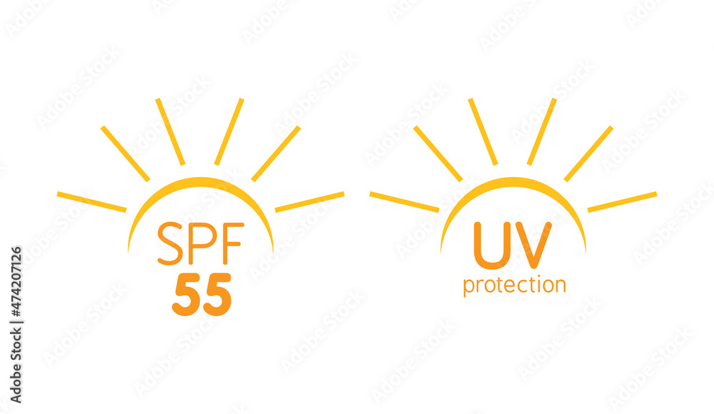 Icons for sunscreen products. Set of flat SPF sun protection icons ...