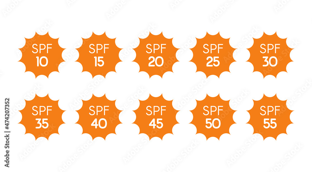 Icons for sunscreen products. Set of flat SPF sun protection icons isolated on white background ...