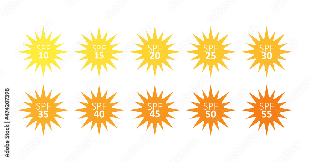Icons for sunscreen products. Set of flat SPF sun protection icons ...