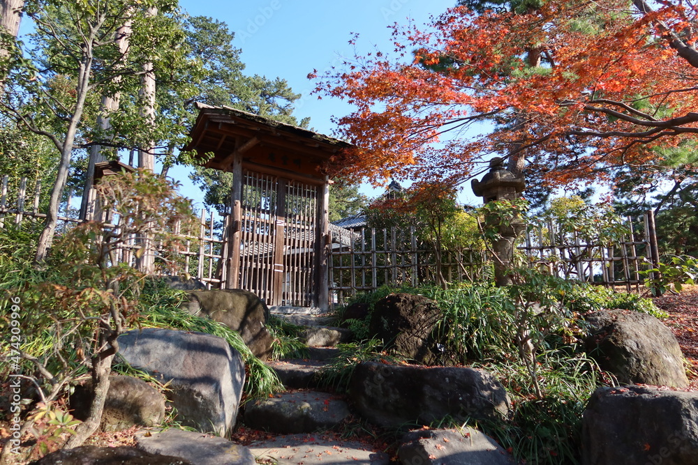 Foto de The lattice door and autumn leaves at the entrance to a ...