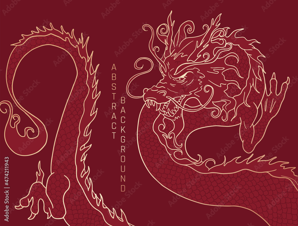 hand drawn long vector dragon in red and gold colours Stock Vector ...