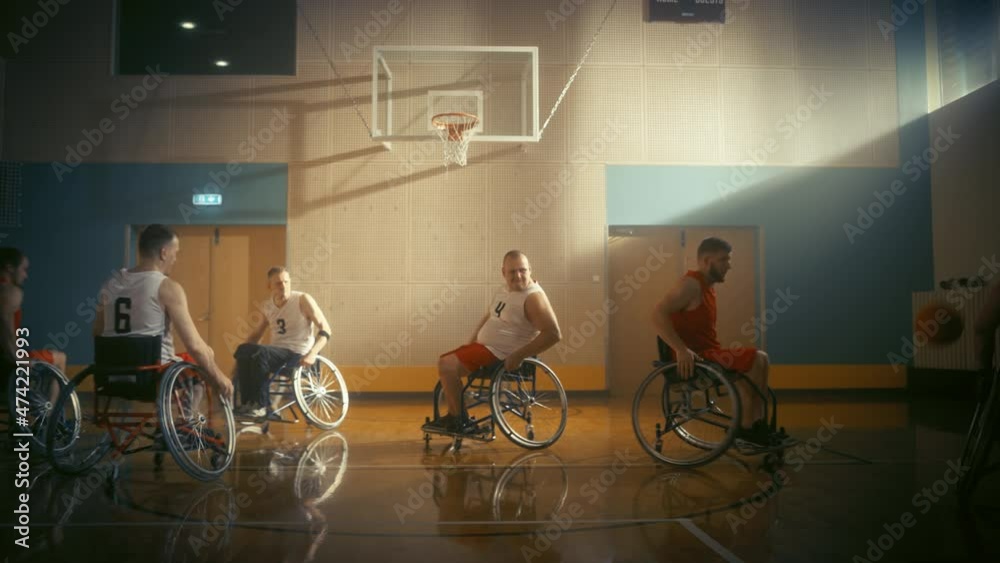 Wheelchair Basketball Game: Professional Players Competing, Dribbling ...