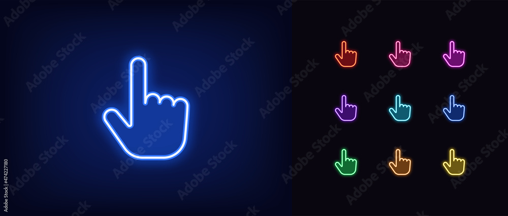 Outline neon finger cursor icon. Glowing neon cursor sign, hand pointer ...