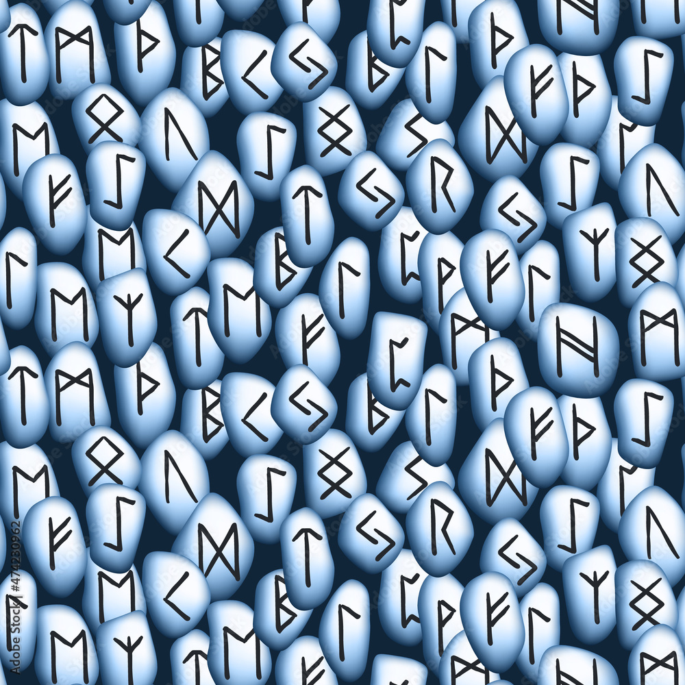 Blue runes seamless ethnic pattern. Runic alphabet, Futhark. Ancient ...