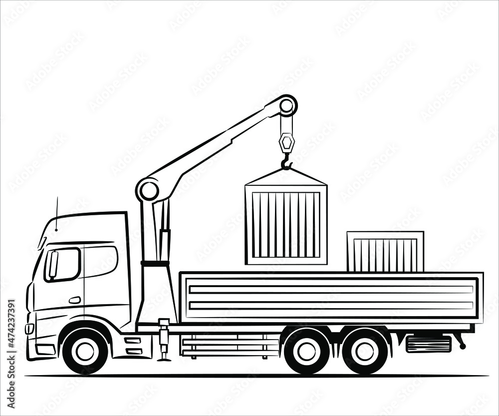 Flatbed truck with mounted crane lifting a box on tray isolated on ...