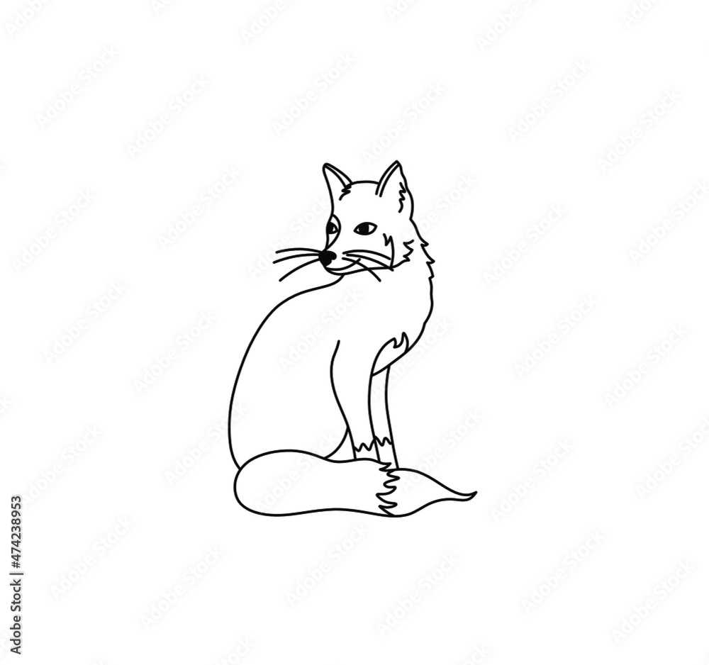 Vector isolated cute cartoon sitting fox contour line doodle drawing ...