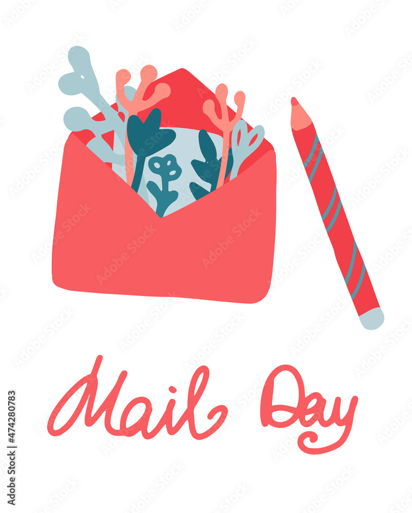 Cute vector postcard world mail day. A letter in an envelope with ...