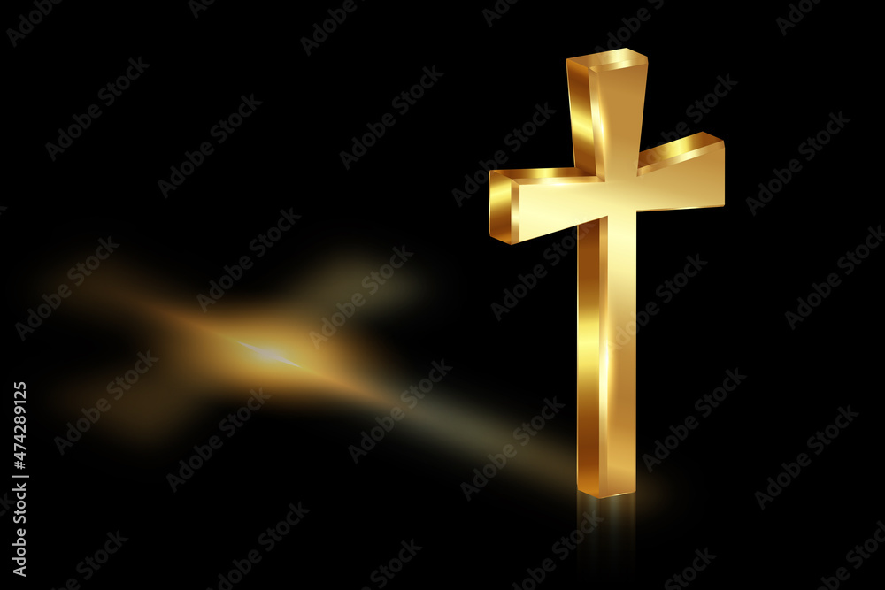3d gold cross of light, shiny Cross with golden foil texture, symbol of ...