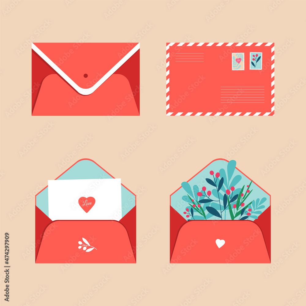 Set of bright red envelopes with letter and decorative branches. Vector ...