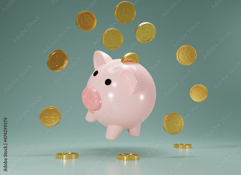 Pink piggy bank floating in the air surrounded by gold coins. Cashless ...