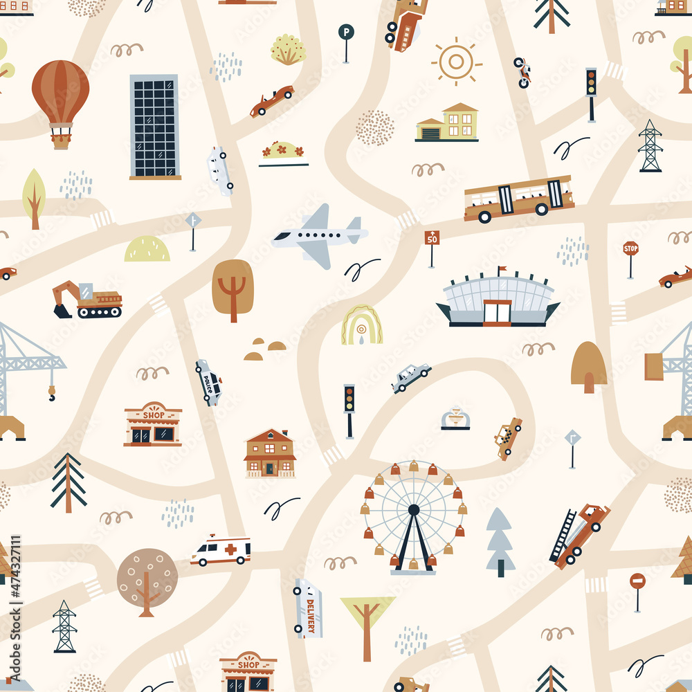 Seamless pattern map city with roads, houses, transport, flat style ...