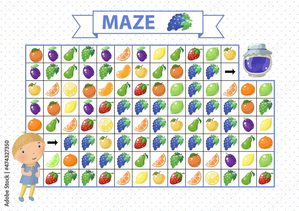 Maze game for children. Find the correct path by blue grape. Cartoon ...