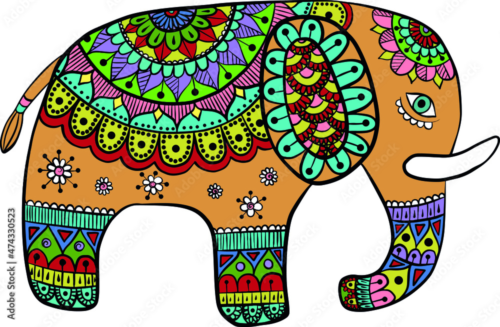 drawing of a cartoon cute ethnic ornate elephant - in color and line ...